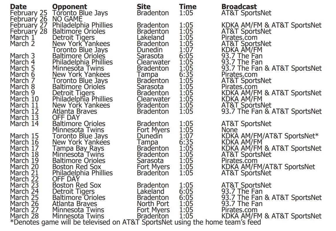 pirates spring training schedule 2026