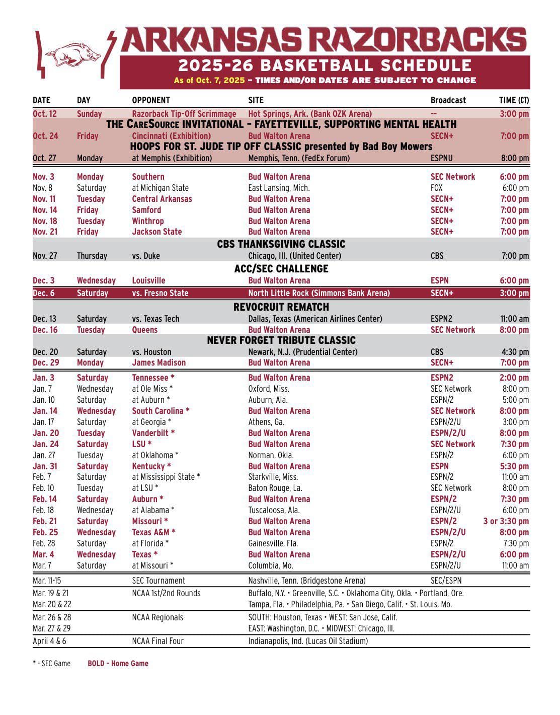 arkansas basketball schedule 2026