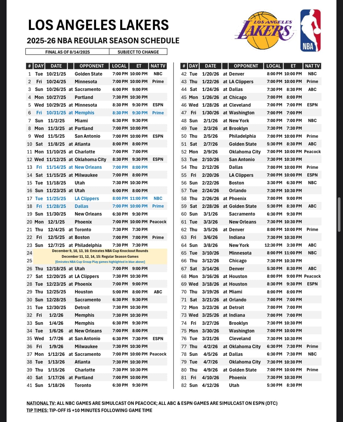 lakers 2026 schedule