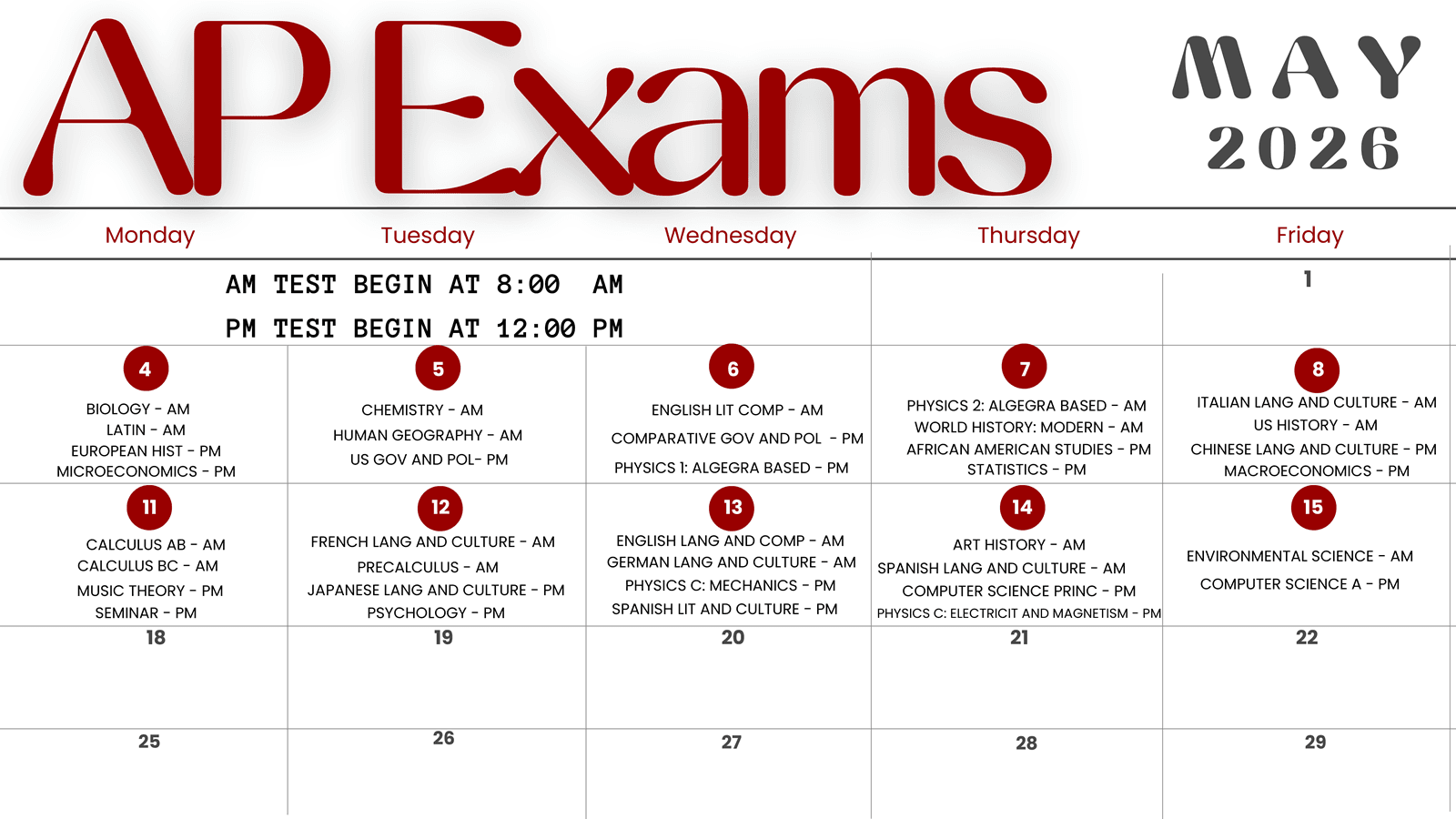 ap test schedule 2026